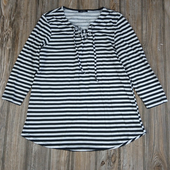 Avon | Tops | Avon Black White Striped Lace Up Tie Detail Blouse Top ...